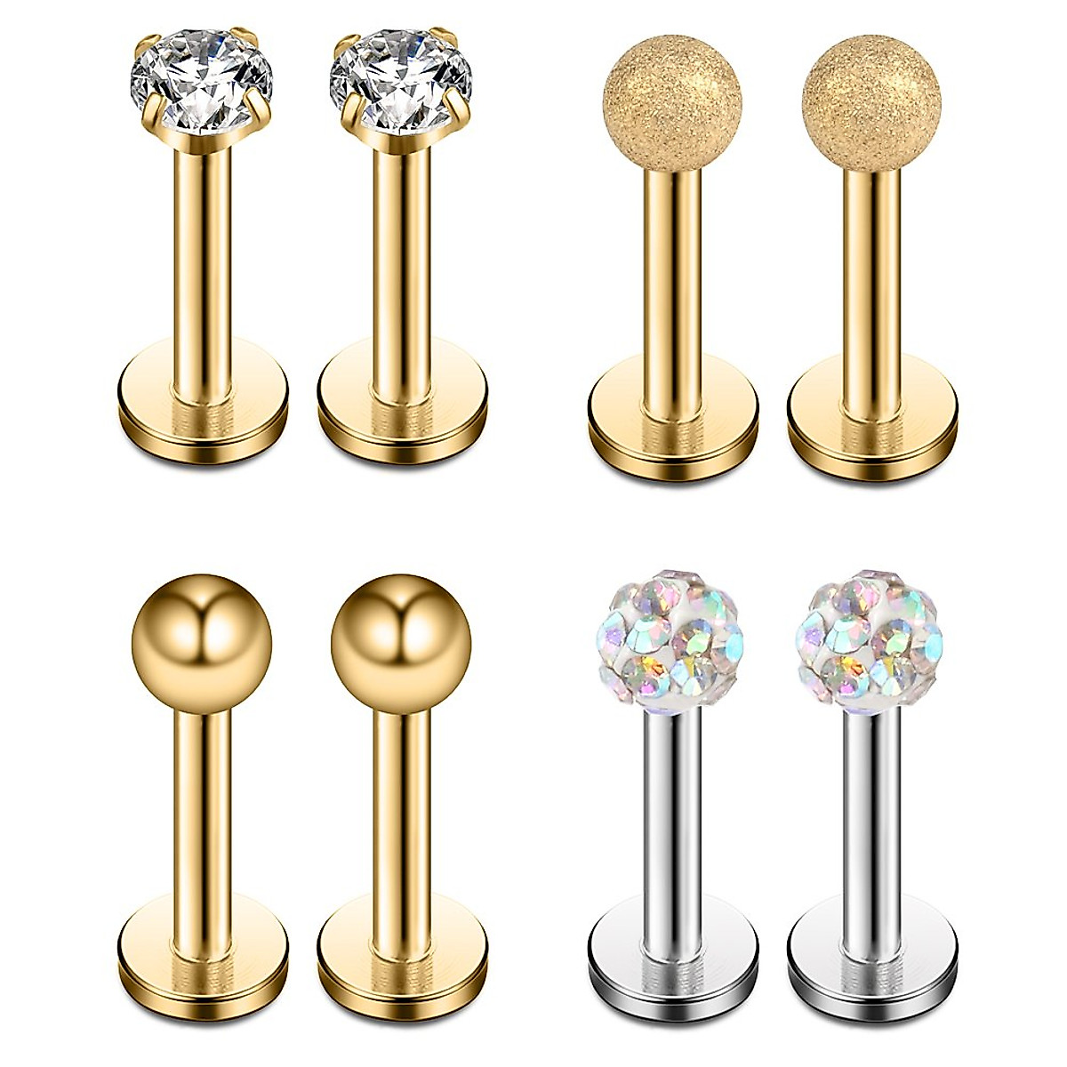 Ruifan 8PCS 16G 3mm Shiny Ball & Matte Ball & AB Crystal Ball & Clear CZ Labret Monroe Lip Ring Tragus Helix Earring Stud Barbell Piercing Jewelry 8mm - Gold
