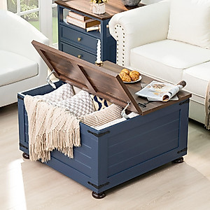 Joaxswe Farmhouse Coffee Table with Hidden Storage,Wood Large Square Center Table for Living Room,Rustic Cocktail Tables with Flip-Top Lids, Farm House Tables with Wooden Gourd Feet,Navy Blue