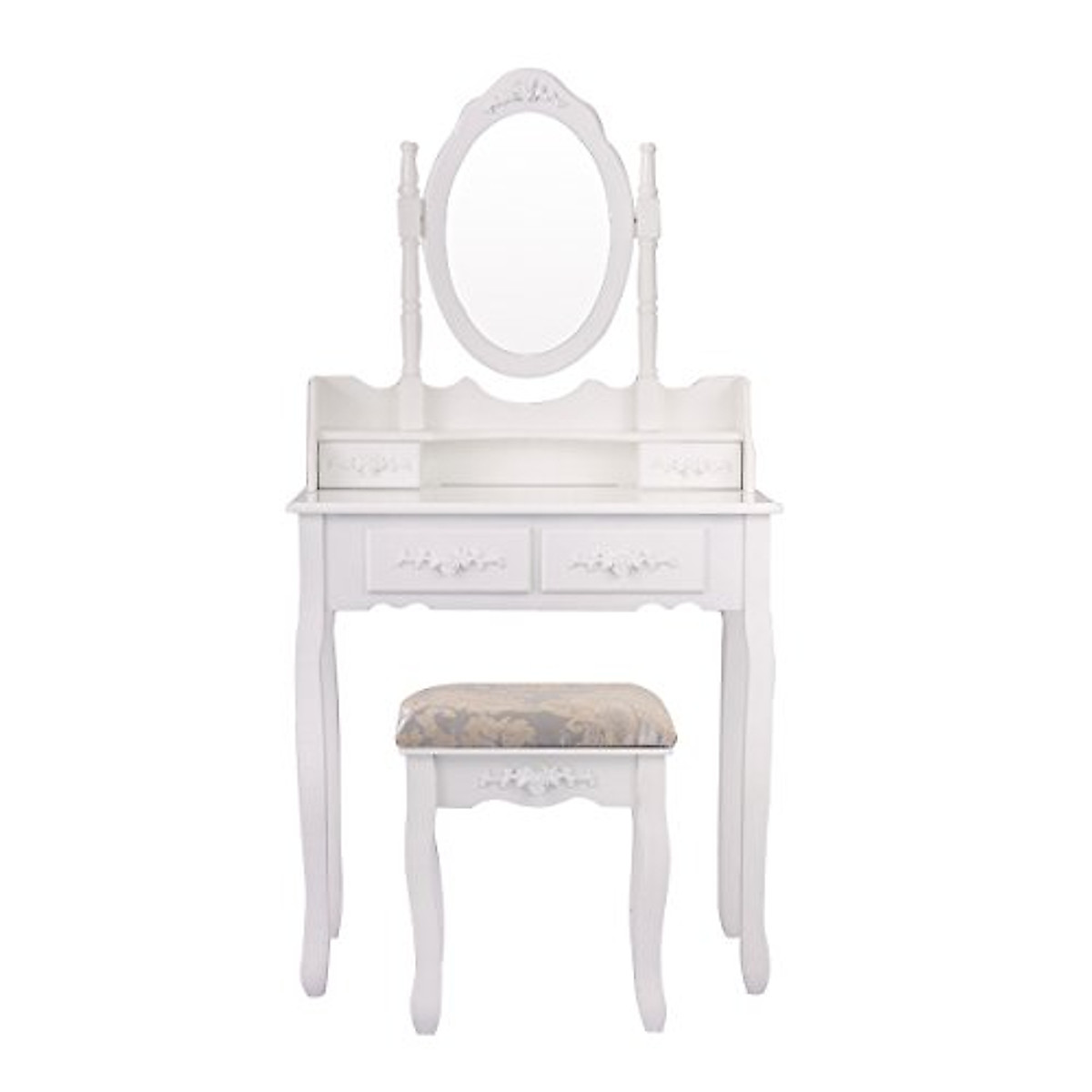 Vanity Table and Chair Set, Makeup Dressing Table with 360-degree-rotating Mirror and 4 Drawers, Thick Padded Stool, Vanity Table and Chair Set with Mirror and 4 Drawers for Girls Women Gift, White