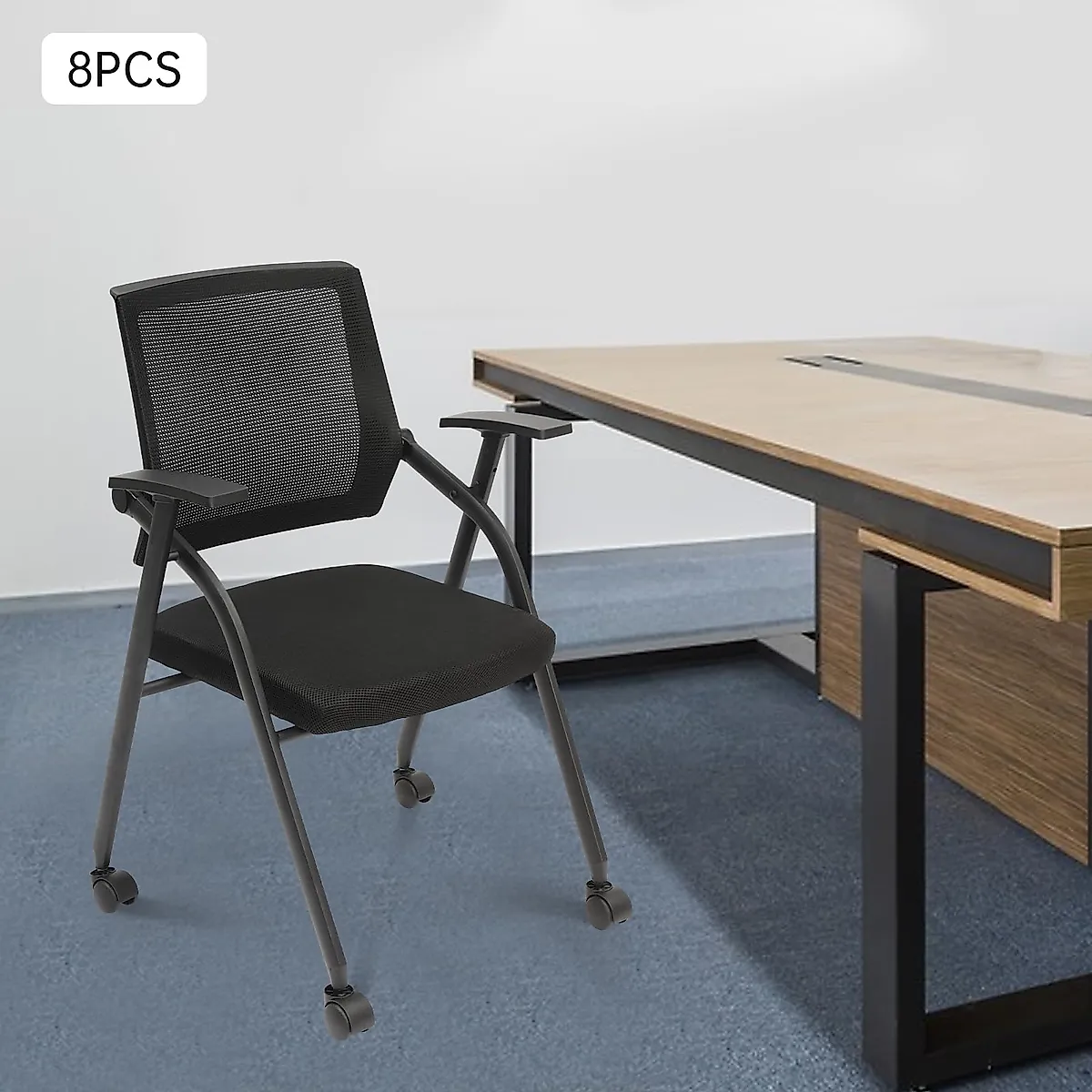 LOHISHILO 8pcs Mesh Guest Reception Stack Chair with Caster Arms for Office Conference, Reception, Training Room Chair, Schools, Meeting Rooms, Step Classrooms, Churches, Homes