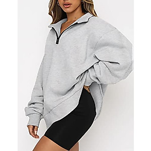 Womens Oversized Half Zip Pullover Sweatshirt Long Sleeve V Neck Sweatshirts Quarter Zip Teen Girls Fall Y2K Clothes Trendy Drop Shoulder Loose Fit Outfits Grey