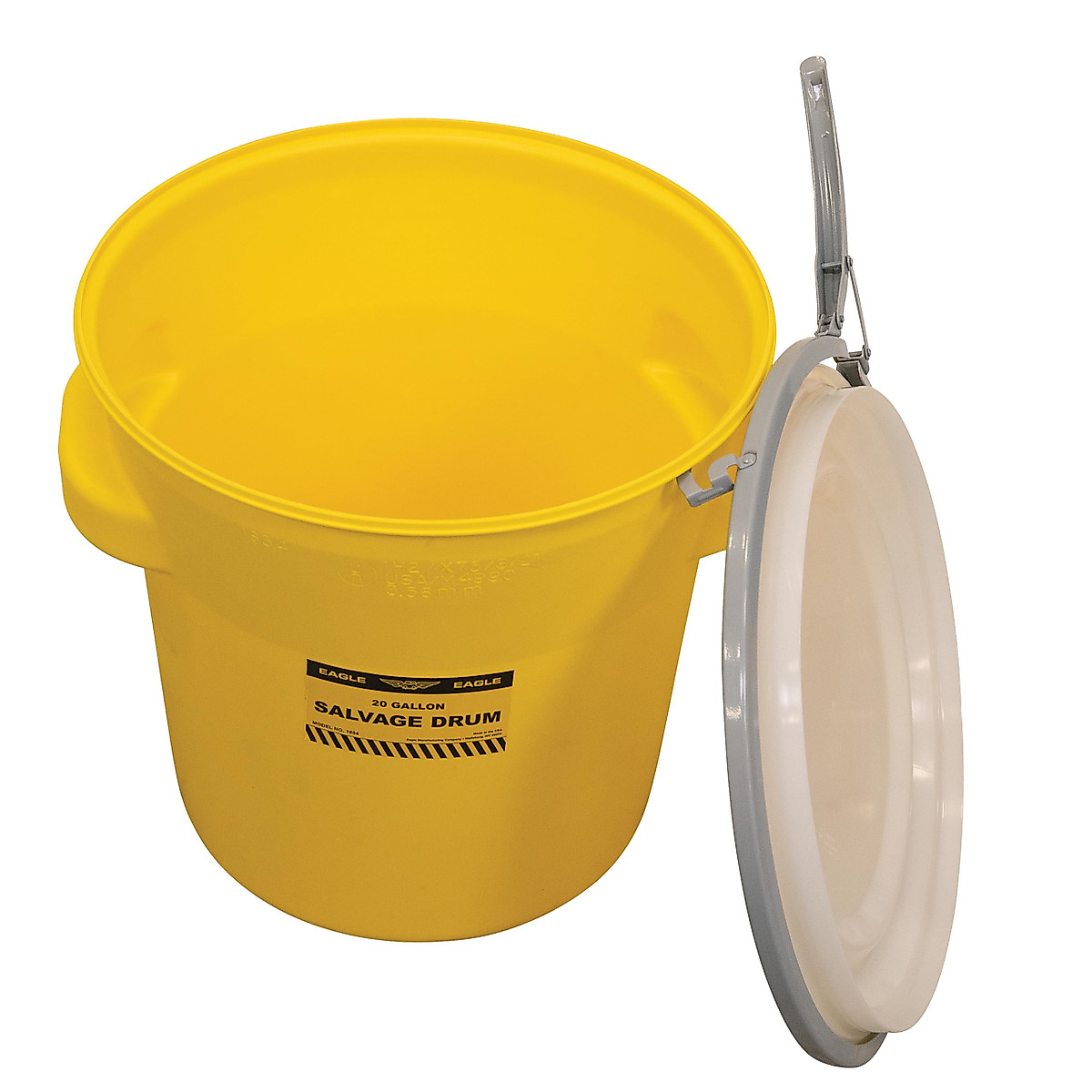 Eagle 20 Gallon Plastic Drum with Lid, Metal Lever-Lock, 20.4"x20.9", Salvage Drum Made of Durable, Lightweight HDPE, Withstands Weather and Chemicals, Made in USA, Yellow, 1654