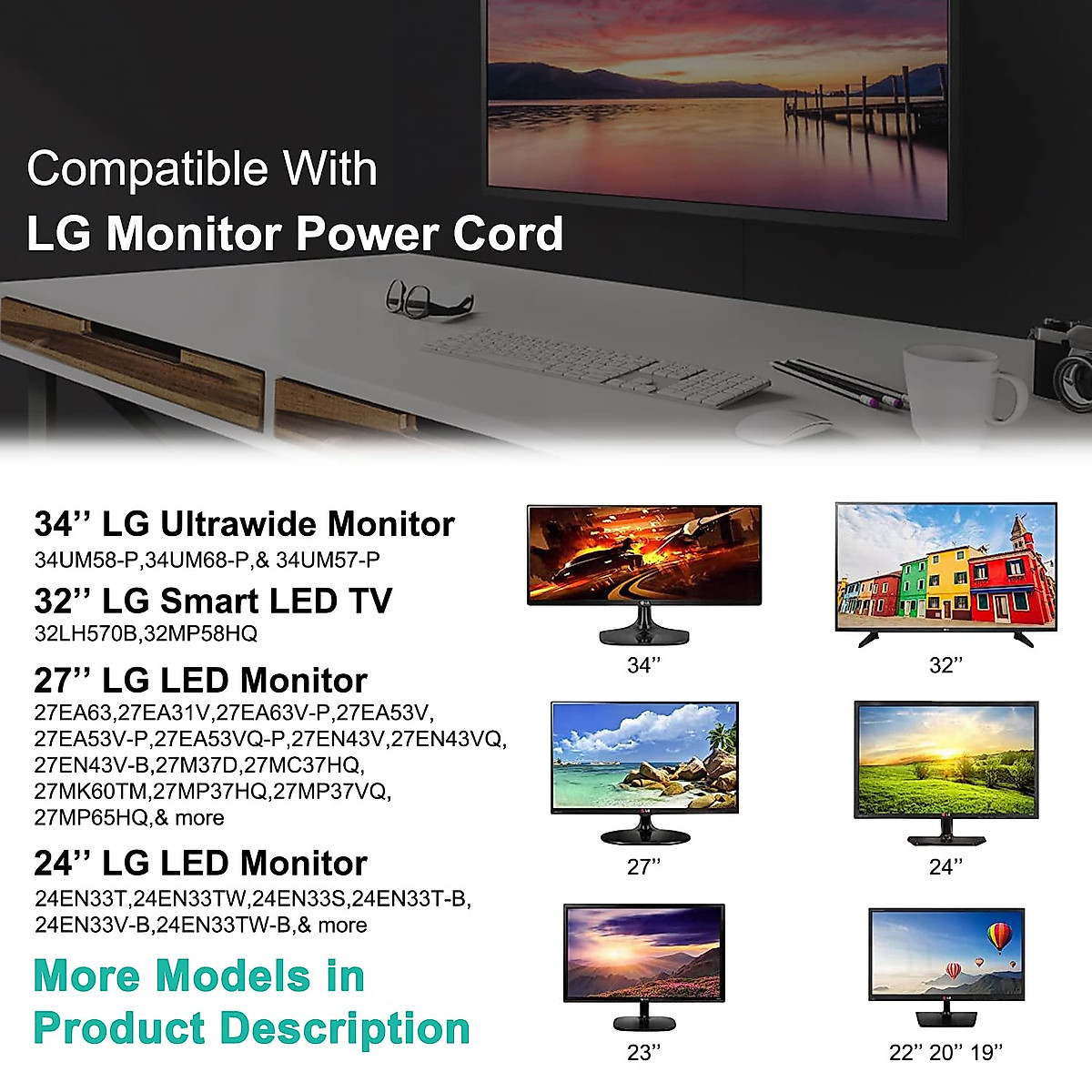 HKY 19V AC DC Adapter Compatible with LG 34" 32" 27" 24" 23" 22" 20" 19" LCD LED HD TV Monitor Widescreen LG 32ML600M-B 24MP400-B 27MP400-B 34WP65C-B 29WP60G-B 27GL83A-B 24GN600-B 34WN80C-B 24MP60G-B
