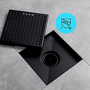 Fransiton 4 Inch Square Matte Black Shower Drain with Removable Quadrato Pattern Grate, 304 Stainless Steel Showe Floor Drain with CUPC Certified Includes Adjustable Leveling Feet, Hair Strainer