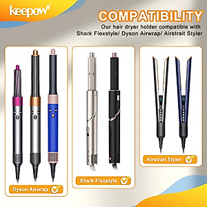 KEEPOW Hair Dryer Holder Wall Mount Compatible with Shark Flexstyle/Dyson Airwrap/Airstrait Styler, Hair Dryer Stand Hair Tool Organizer Hairdryer Storage Attachment Holder for Bathroom Hotel