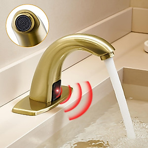 Charmingwater Touchless Bathroom Sink Faucet, Motion Automatic Sensor Faucet with Hole Cover Plate, Brushed Gold