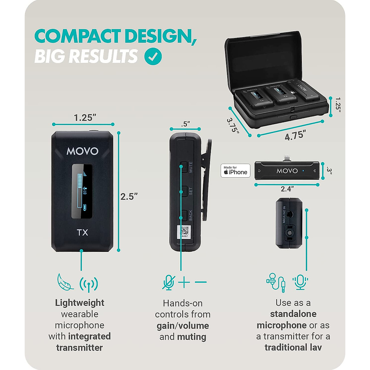 Movo WMX-2-L-DUO Wireless Microphone for iPhone with Charging Case, Lightning Connector, 328ft Range, 7hr Battery Life