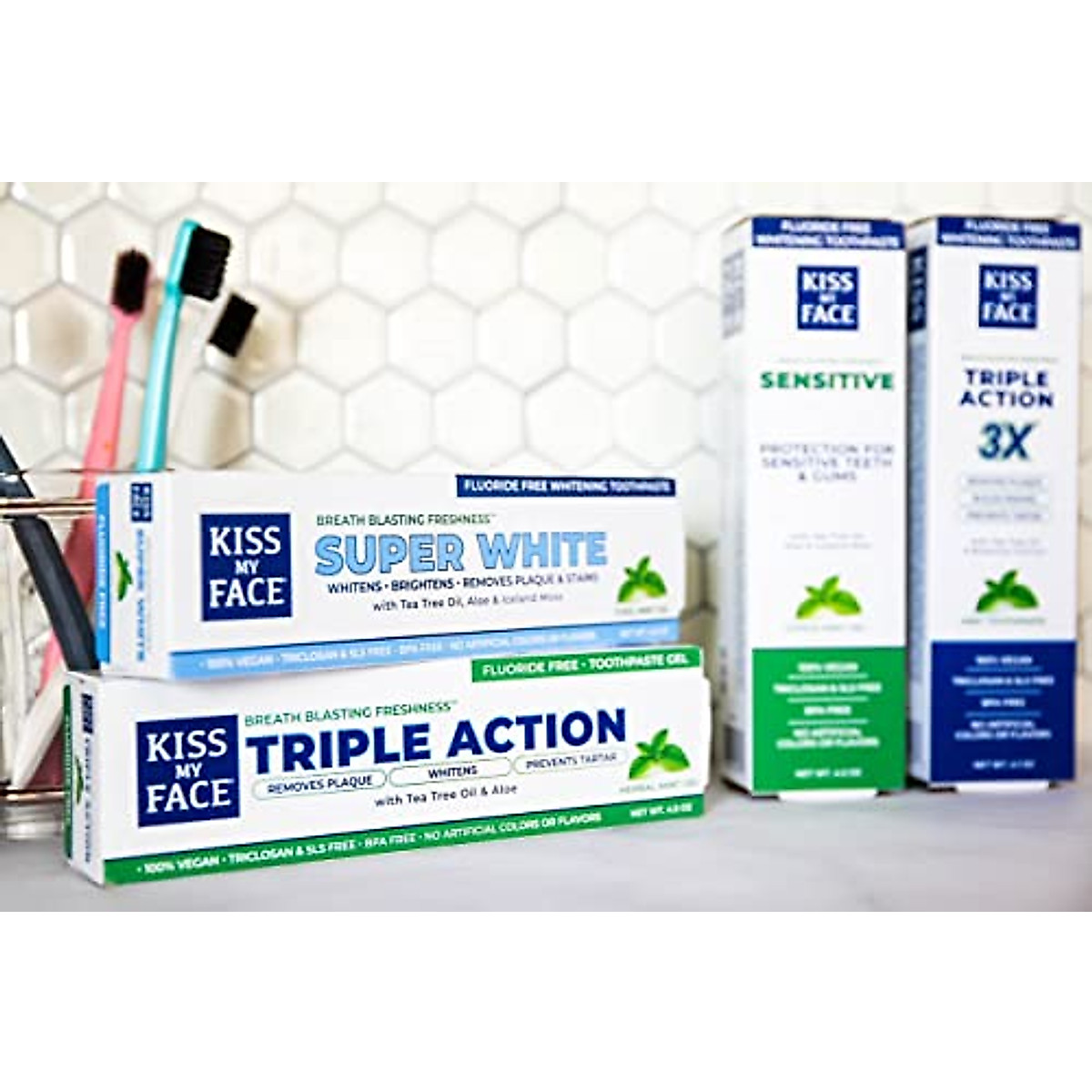 Kiss My Face Super White Cool Mint Gel Toothpaste, SLS And Fluoride Free, Removes Plaque And Prevents Tartar, With Added Tea Tree Oil, Aloe And Iceland Moss, 4.5 Oz