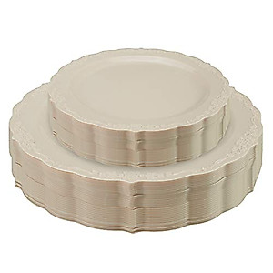80 Pcs Cream Plastic Party Plates Set - 40 Large 10.25 in Dinner Plates - 40 Small 7.5 in. Salad/Dessert Plates - Heavy Duty Disposable China - Fancy Caterers Victorian Design - Bpa Free (Cream)