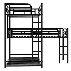 BIADNBZ L-Shaped Metal Triple Twin Size Bunk Bed with Integrated Ladder and Full-Length Guardrails for Kids/Bedroom,Black