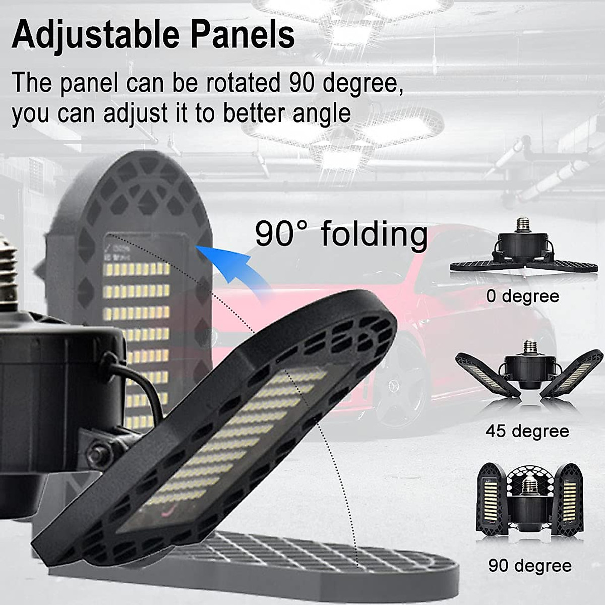 HengBo LED Garage Light, 80W Deformable Aluminum Bright Garage Ceiling LED Light with 3 Adjustable Panels, 8000LM 6500K Daylight E26 Base Trefoil Lamp with Light Socket for Garage, Warehouse, Workshop