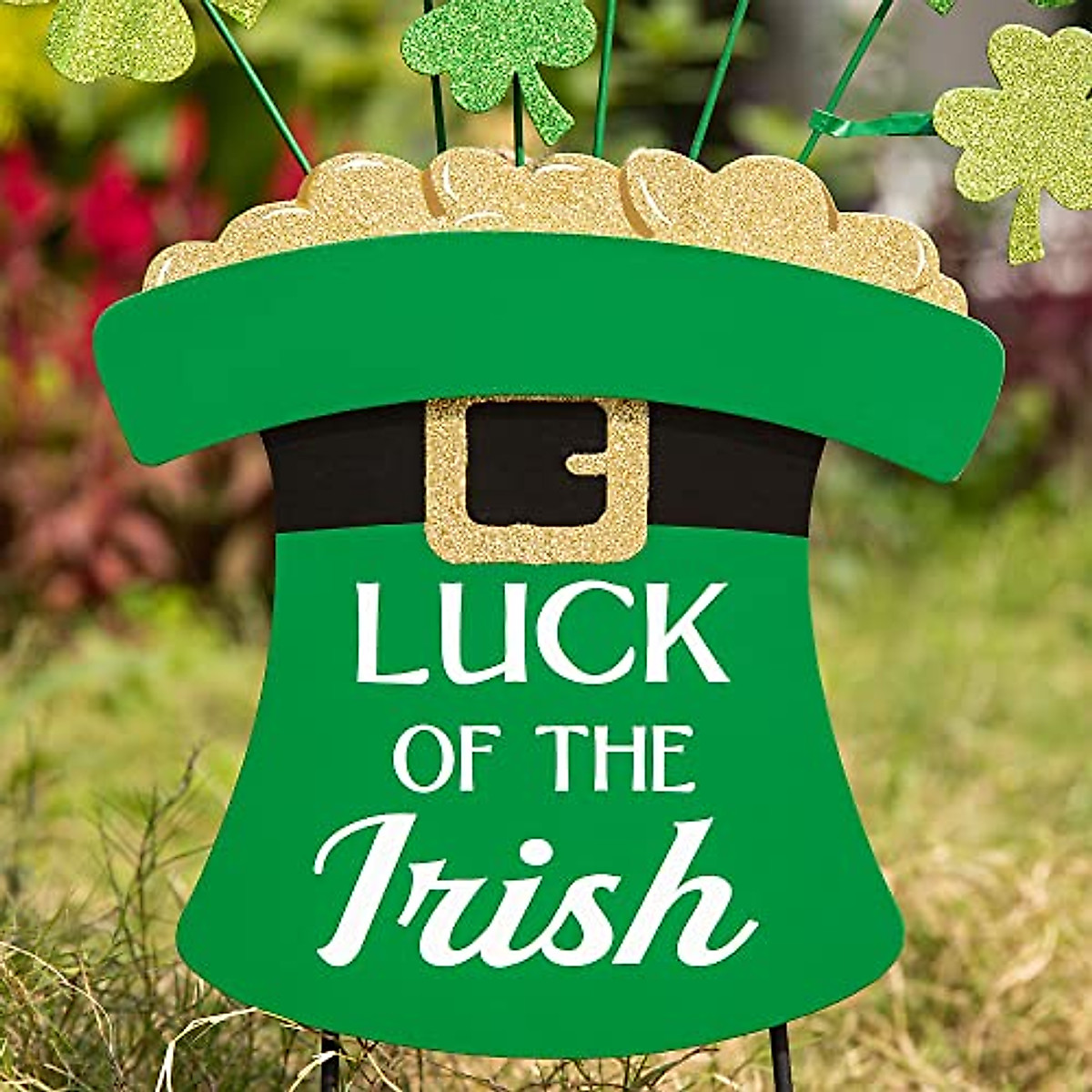 Glitzhome 31.5"H St. Patrick's Leprechaun Belt Yard Signs with Stakes, Wooden Door Wall Hanging Decor Interchangeable for Home Party Yard Lawn Patio Outdoor