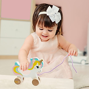 TOYLI Wooden Unicorn Push & Pull Along Toy Developmental Montessori Toddler Pull Toys Improves Balance Strength Confidence for Infants Develop Cognitive Skills Baby Toddlers 18 Month Pull Toy
