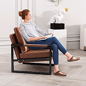 Modern Faux Leather Accent Chair Armchair with Extra-Thick Padded Backrest and Metal Frame for Living Room and Bedroom Furniture - Comfortable and Elegant（Brown）