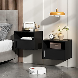 JAXPETY Wall Floating Nightstand Set of 2 Modern Side Table Wall Mounted Shelf with Cabinet Storage for Living Room, Bedroom, Dorm, Black