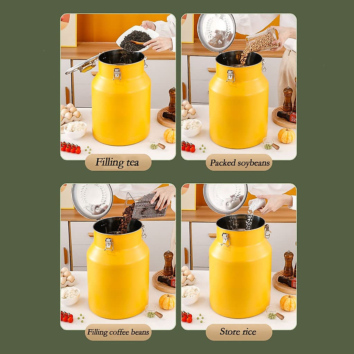YISHUOYZBS Stainless steel storage tank,Containers Airtight with Portable Handle, Large Kitchen Rice Canisters Bucket with Lids and Side Locking Clamp,Great for Flour Snacks Sugar Cereal-Yellow||8L