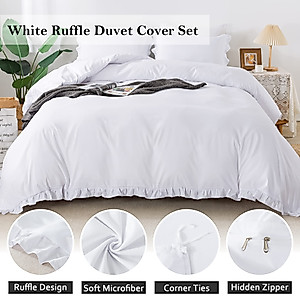Andency White Ruffle Duvet Cover Full(79x90Inch), 3 Pieces Farmhouse Shabby Chic Ruffled Duvet Cover, Soft Microfiber Duvet Cover Set with Zipper Closure, Corner Ties