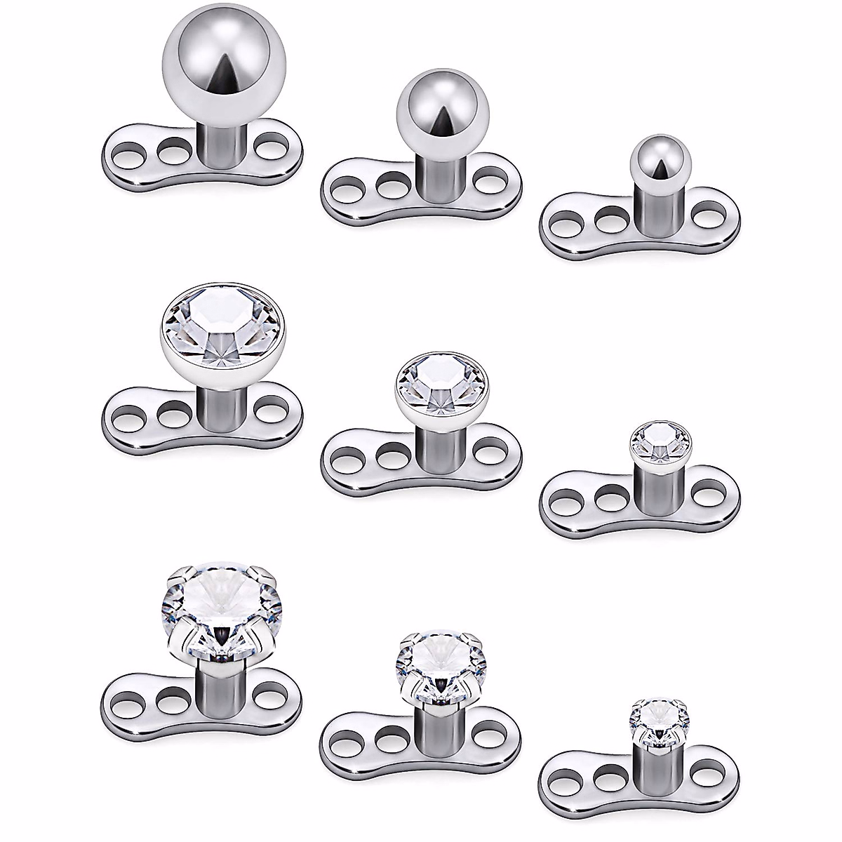 Lcolyoli 9Pcs Medical Grade G23 Titanium Dermal Anchor Tops with Cubic Zirconia Base Microdermals Piercing Jewelry for Women Men 14 Gauge Silver-tone