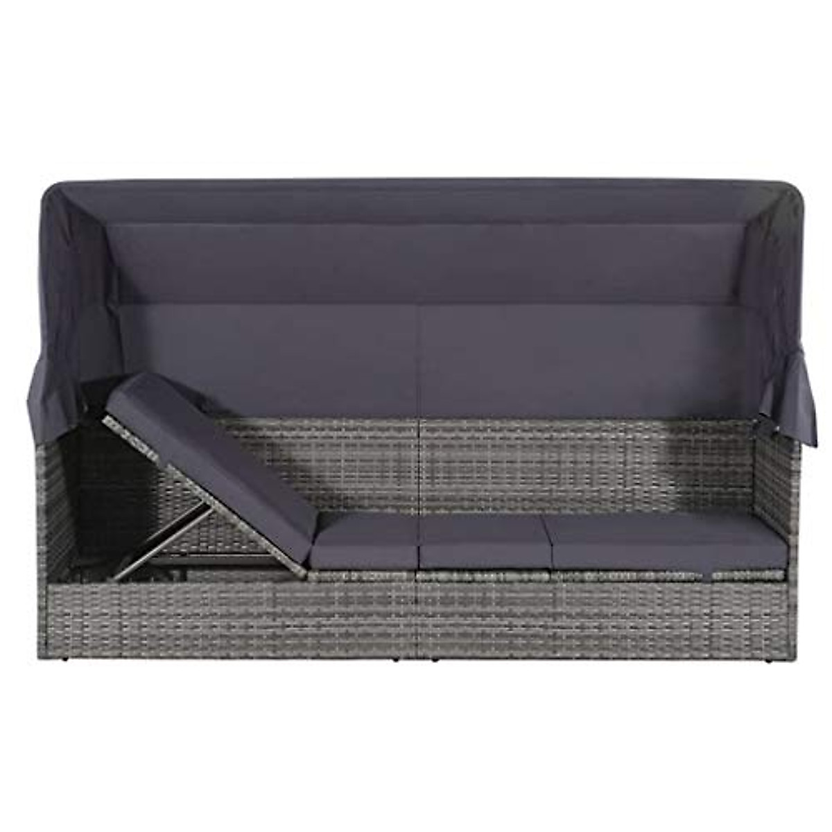 Sun Lounger Both Side Adjustable Lying Area, Outdoor Poly Rattan Lounge Sun Bed with Cushion and Canopy, Daybed for Patio Balcony, Garden, Pool, Lawn, Backyard