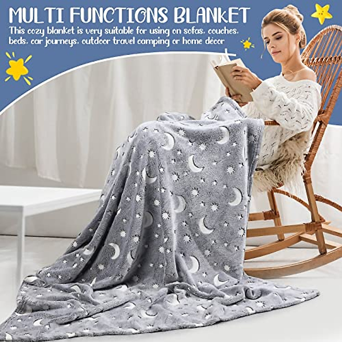Chumia 2 Pieces Glow in The Dark Throw Blanket Flannel Fleece Blanket Soft Warm Cozy Kid Throw Blanket for Boys Girls, 47 x 59 Inch (Moon, Star)