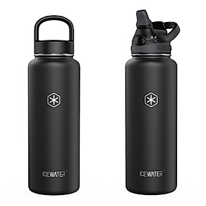 ICEWATER-40 oz Insulated Water Bottle With 2 Lids (Auto Straw & Wide Mouth),Stainless Steel,BPA-Free,Vacuum Double Walled, Leak Proof,Wide Mouth (40 oz, Black)