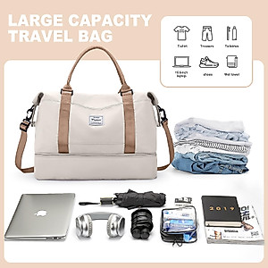 Weekender Bags for Women, Travel Duffel Bags with Shoe Compartment,Personal Item Travel Bag for Airlines, Carry on Overnight Tote Bag for women with Toiletry Bag，Beige&Brown