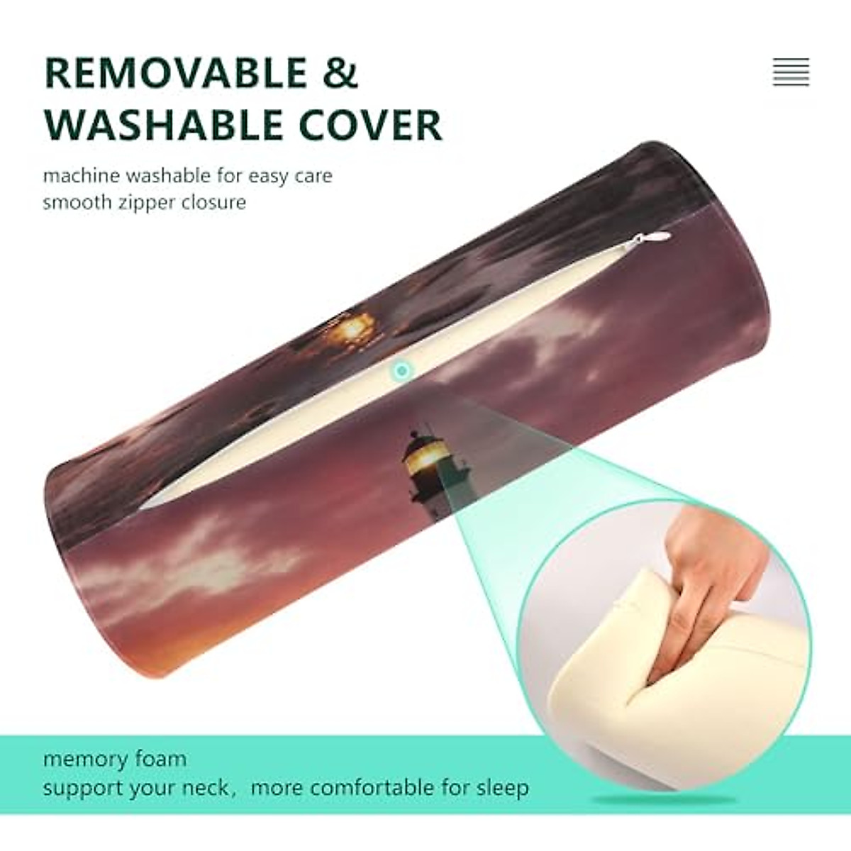 xigua Lighthouse Neck Roll Pillow for Neck Relief with Removable Washable Cover - Memory Foam Round Cylinder Bolster, Ergonomically Designed for Head, Neck, Back, and Legs