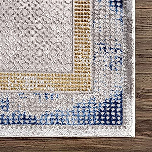 Abani Solid Grey Rugs Geometric Pattern 4'x6' Bedroom Rug - Modern Design Blue Border No-Shedding Premium Area Rug