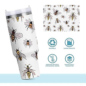 CIJEMAPW Wasp Small Funny Bee Insulated Tumblers Embroidery 40 oz Water Bottles Travel Mug with Handle and Straw Lid Leakproof School Work Outdoor for Women & Men