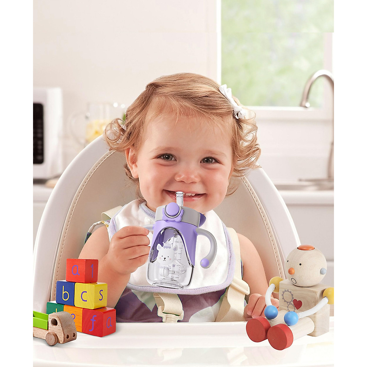 Bunnytoo Baby Sippy Cup with Weighted Straw, Ideal for 1+ Year Old and Transitioning Infants 6-12 Months, Spill-Proof, Easy to Hold Handles, 8oz (240ml) Toddler Training Cup (Blue)