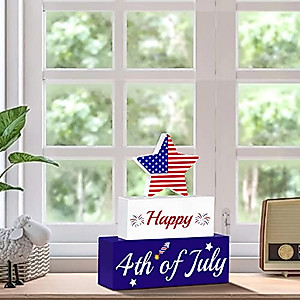 4th of July Patriotic Decorations, 3Pcs Wooden Signs, Fourth of July Red White and Blue Decorations, Memorial Day Independence Day July 4th Decor for Home Tiered Tray Decor