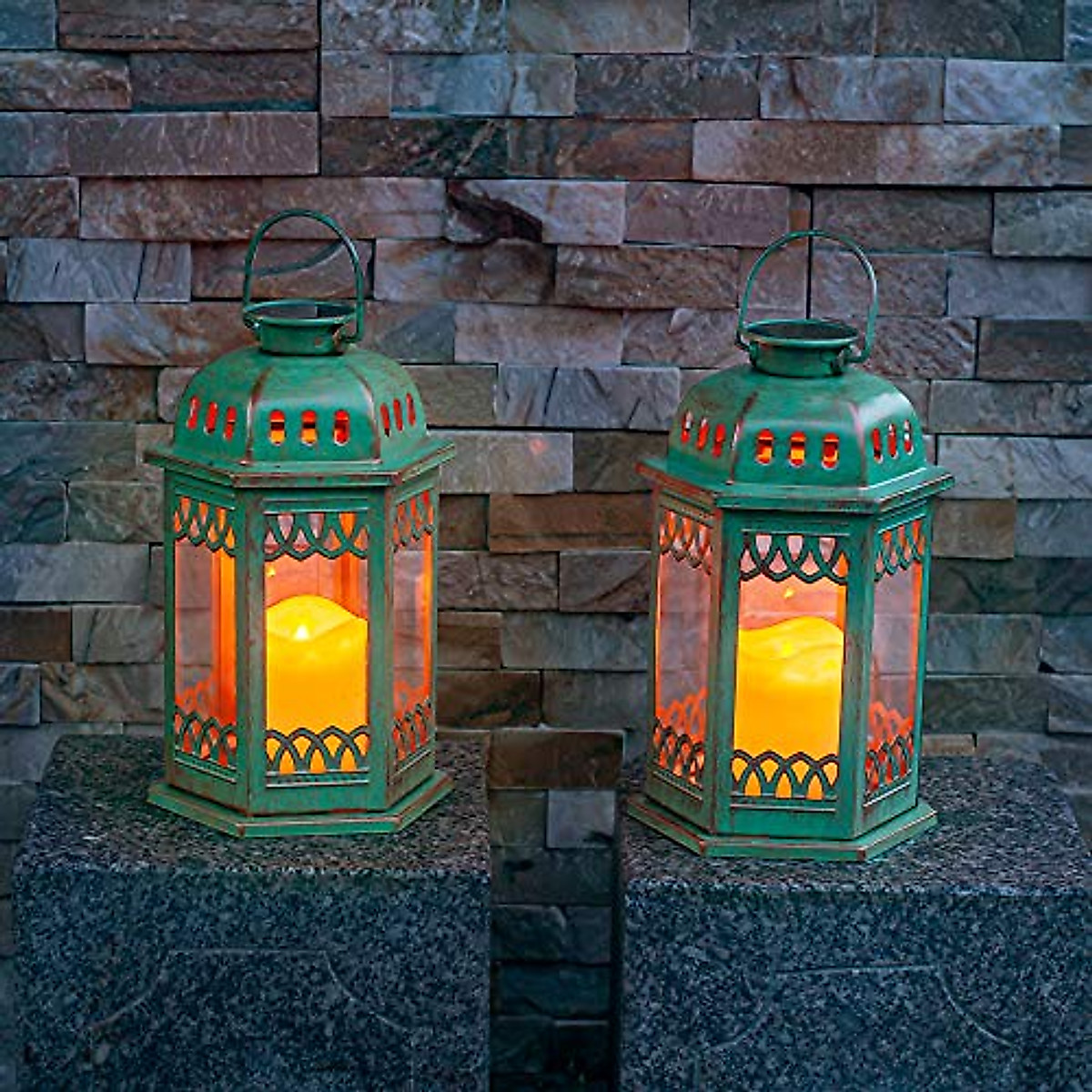 SteadyDoggie Solar Lanterns 2 Pack Green - Hanging Solar Lights with Flickering Candle LED - Retro Ornate Hanging Solar Lantern with Handle