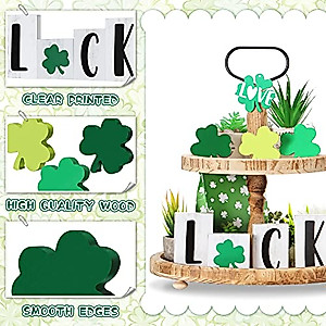 7 Pcs St. Patrick’s Day Tiered Tray Decor Lucky Shamrock Table Wooden Signs Lucky Letter Sign Freestanding Wooden Luck Blocks Shamrock Wood Letters Block for Irish Home Party Decor