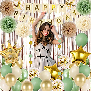 Sage Green Gold Birthday Party Decorations with Happy Birthday Banner,Fringe Curtain ,Paper PomPom,Crown Foil Balloon,Circle Dots Garland,Tassel Garland,Sand White Birthday Balloons for Women Girls
