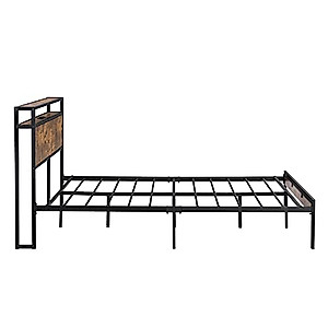 Modern Industrial Queen Size Metal Platform Bed Frame with Wooden Headboard and Footboard with USB and Charging Station, No Box Spring Needed, Large Under Bed Storage, Easy Assemble (Queen)
