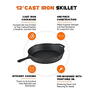 DARTMOOR Pre-Seasoned Cast Iron Skillet, 12 in Cast Iron Frying Pan with Handle, Protective Covers, & Pour Spouts, Safe Grill Cookware with Non-Stick Surface, Cast Iron Pan for Indoor & Outdoor Use