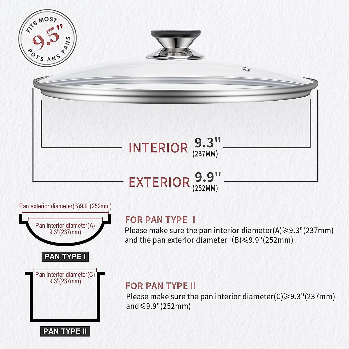 Tempered Glass Lid with Heat Resistant Handle,9.5"/24cm, Clear
