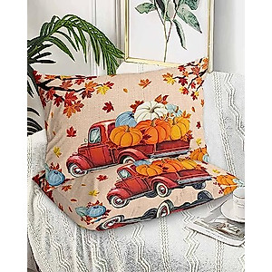 Edwiinsa Thanksgiving Pillow Covers Standard Size Set of 2 Bed Pillow, Fall Pumpkin Maple Leaf Truck Burlap Plush Soft Comfort for Hair/Skin Cooling Pillowcases with Envelop Closure 20''x26''