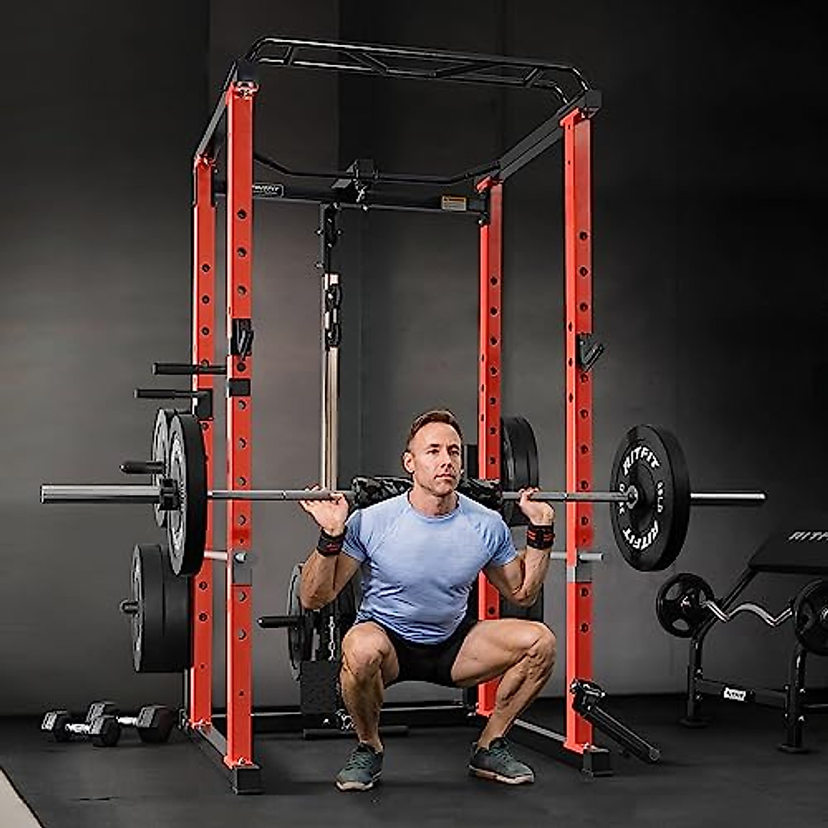 RitFit Power Cage with LAT Pull Down and 360° Landmine, 1000LB Capacity Power Rack Full Home Gym for Weightlifting, Come with J-Cups,Dip Bars and Other Attachments (2023 Version PPC02)-Orange