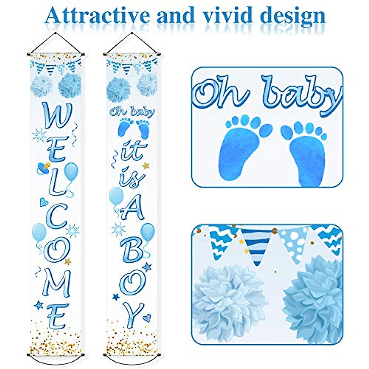 Baby Shower Decorations Welcome It is a Boy Banner Backdrop Background Door Hanging Porch Sign for Baby Shower Party Supplies, 71 x 12 Inch