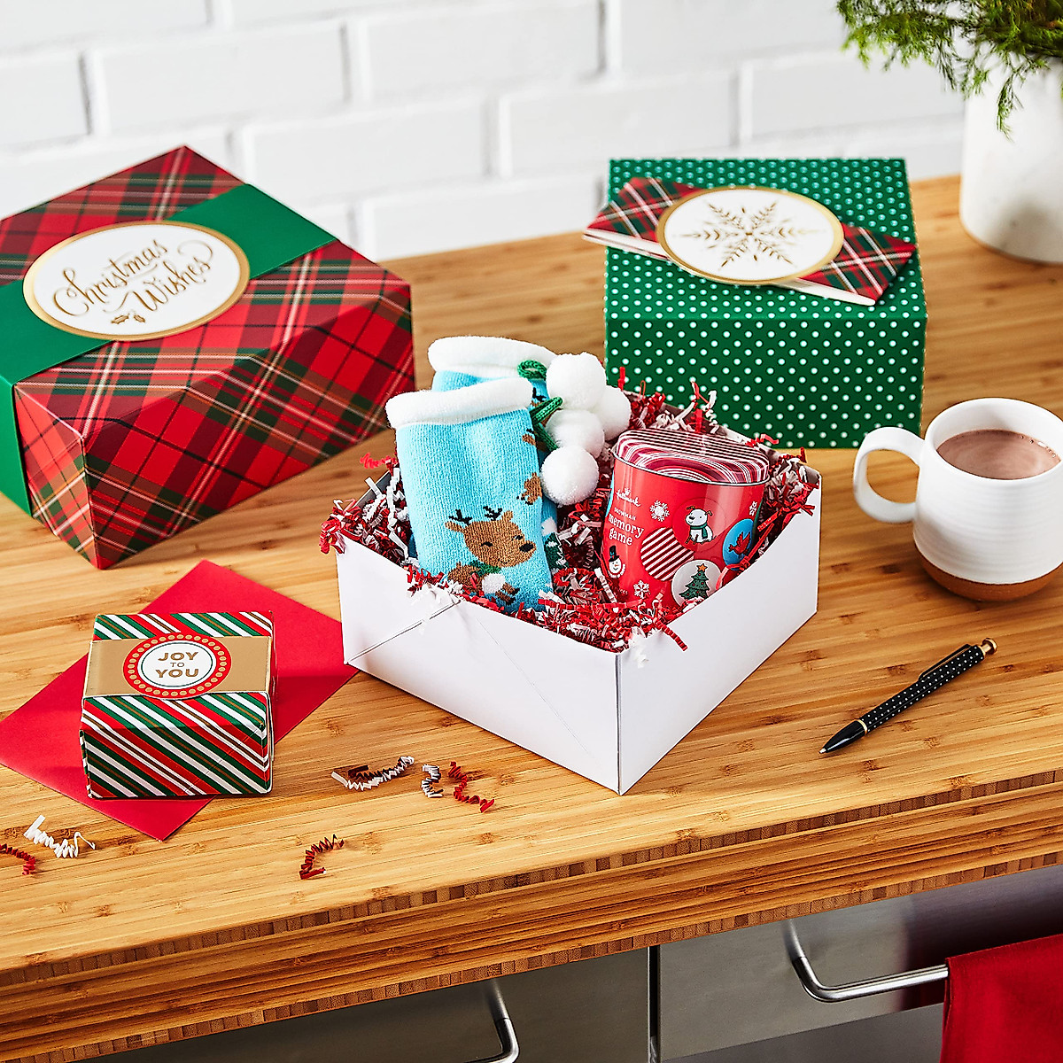 Hallmark Christmas Gift Boxes 3-Pack Assorted Sizes (Red & Green Stripes, Plaid, Polka Dots) for Hostess Gifts, Holiday Parties, Wrapped Treats