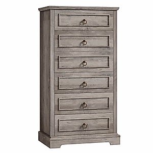 HOSTACK 6 Drawers Dresser, 52" Tall Dresser, Vertical 6 Drawer Dresser, Modern Farmhouse Chest of Drawers, Wood Closet Dresser Storage Dresser Chest for Living Room, Hallway, Entryway, Ash Grey