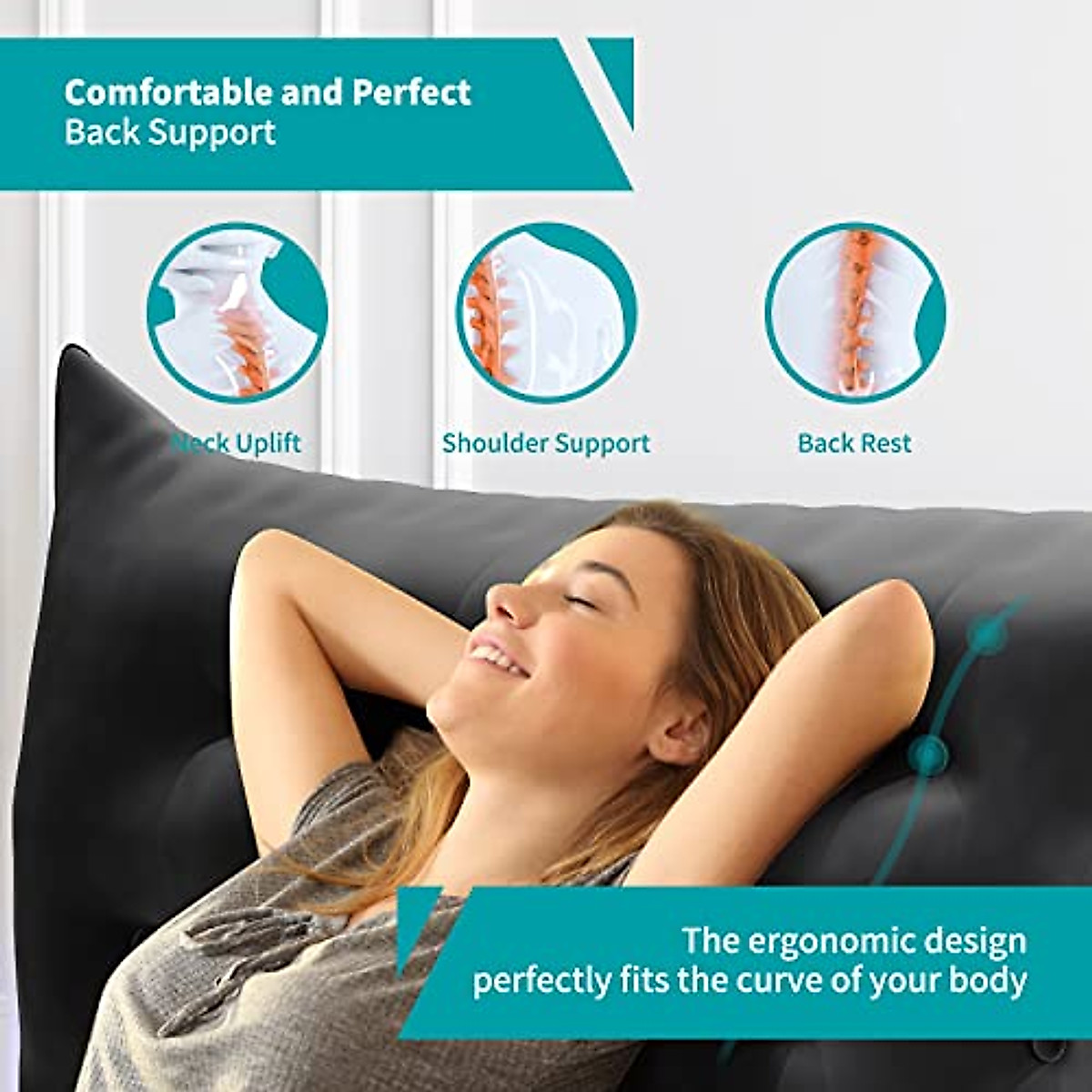 BALUS Headboard Wedge Pillow Reading, Backrest Pillows for Sitting in Bed, Long Sponge Pillows, Reading Bolster Pillow, Velvet Sectional Couch, Twin Bed Pillows, Sleep Wedge Pillow Black