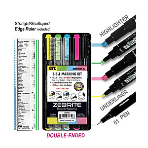 G.T. Luscombe Company, Inc. Zebrite Bible Marking Kit | No Bleed Pigmented Ink | No Fading or Smearing | Double Ended Highlighters, MilliPen & Books of the Bible Ruler/Bookmark (Set of 5 + Ruler)
