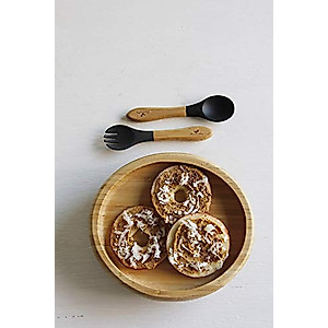 Avanchy Classic Baby Plates Non Divided Bamboo with Suction for Babies Kids Toddler Food with Silicone Spoon for Feeding, Black