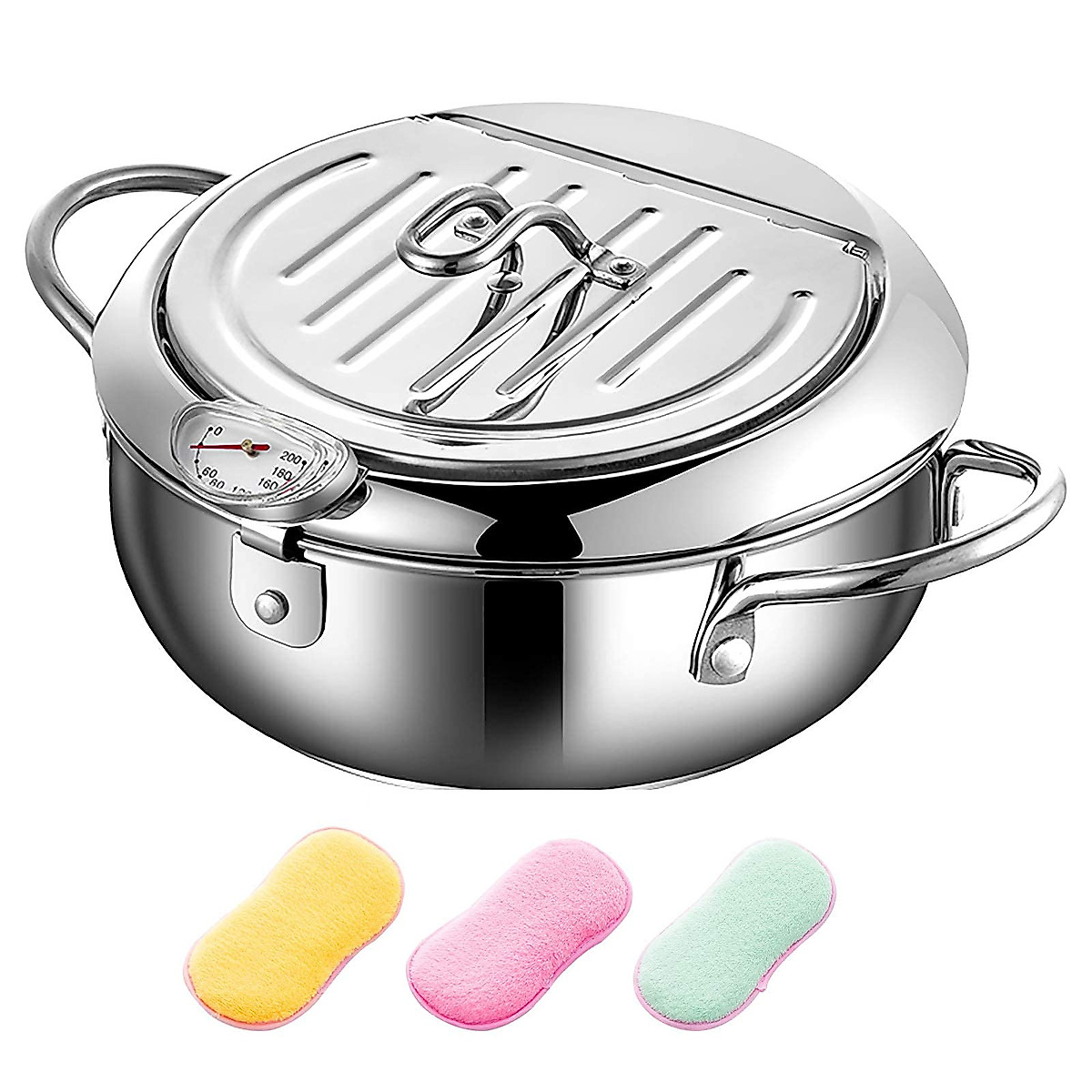 KIDYBELL Deep Fryer Pan 304 Stainless Steel Tempura Frying Pot Japanese Style Fryer With Thermometer，Lid and Oil Drip Rack(24cm/9.4inch)