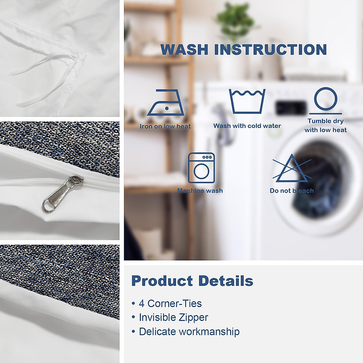 Batmerry Blue Fringe Orange Queen Size 3 Pieces Bedding Comforter Cover Sets,Soft Fluffy Denim Torn Worn Blue Jeans Pattern Printed Duvet Cover for All Season