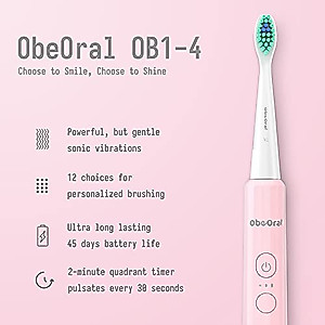 ObeOral Sonic Electric Toothbrush, 12 Modes Rechargeable Tooth Brush with 4 Dupont Bristles, Smart Timer, Whitening Electric Toothbrushes for Adults and Kids 8+, Light Pink