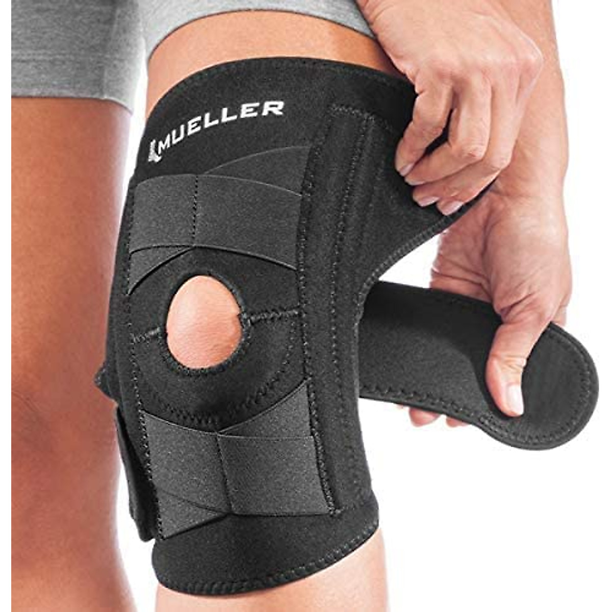 MUELLER Sports Medicine Self Adjusting Adult Knee Support Braces for Knee Pain with Side Stabilizers for Men and Women, Black, 14 - 20 Inches, One Size Fits Most