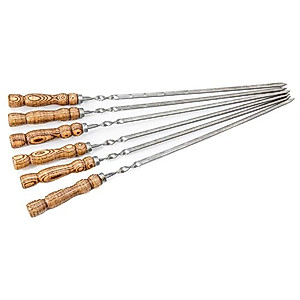 CKG BBQ 6 PCS Skewers Shashlik Shampur Kebab | Barbecue Meat Mangal Grill Russian | Wooden Handle Camping Outings Cooking Tools | 3mm